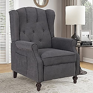 IPKIG Recliner Chair, Wingback Design Living Room Accent Chair with 6 Points Vibration Massage and Heat, Upholstered Button Tufted, Mid Century Modern Reading Chair for Bedroom, Study Room (Dark Grey)