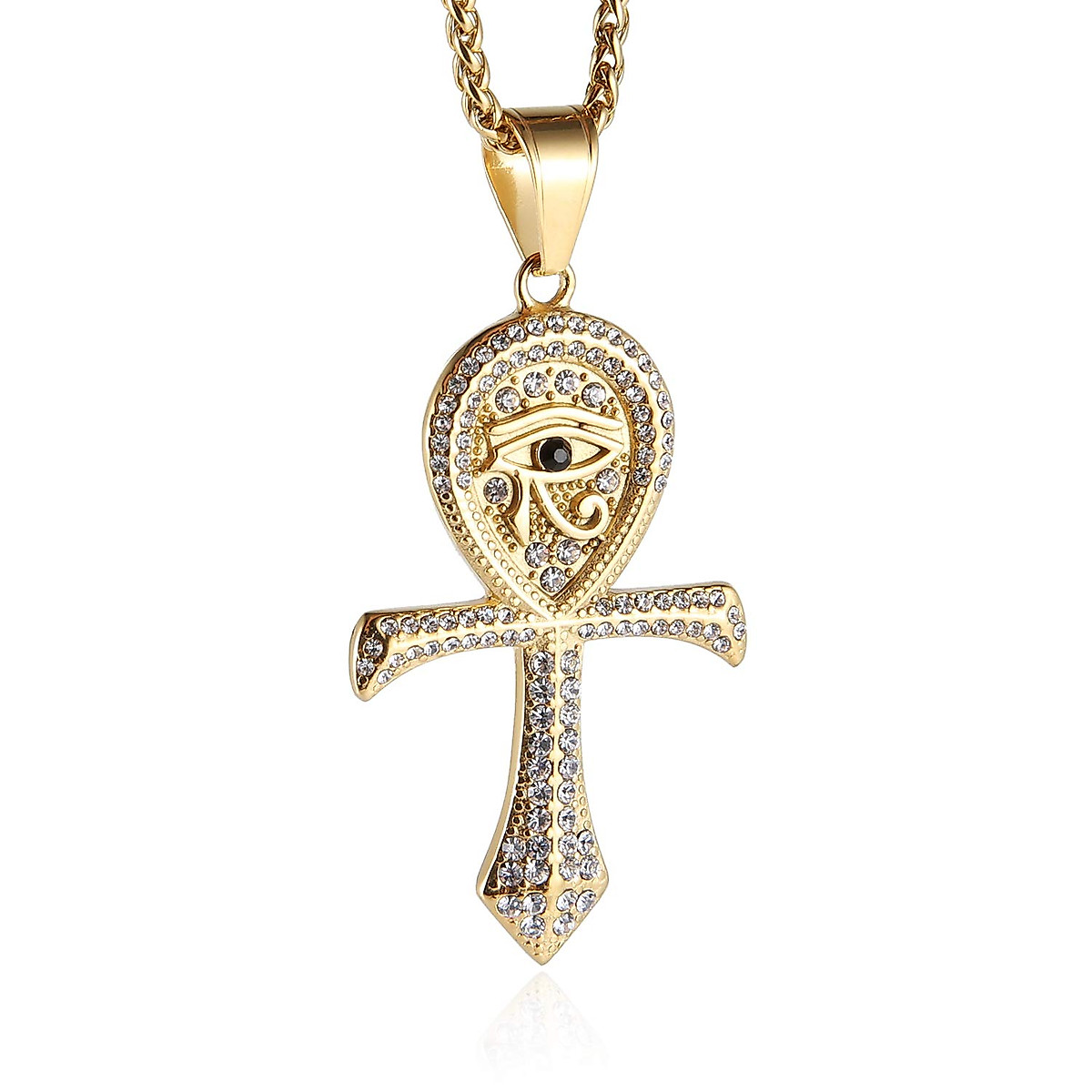 HZMAN CZ Eye of Horus Egypt Protection Pendant Coptic Ankh Cross Religious Stainless Steel Necklace (Gold)