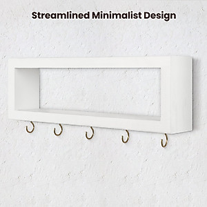 Lwenki Wall Shelf with Hooks - Decorative Key and Wallet Holder for Wall Holds Sunglasses, Leashes, Scarves and Lanyards - 15.7" x 5.1" x 2.9" Entryway Organizer Made of Paulownia Wood (White)