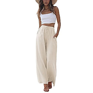 Faleave Women's Cotton Linen Summer Palazzo Pants Flowy Wide Leg Beach Trousers with Pockets(Apricot-XS)