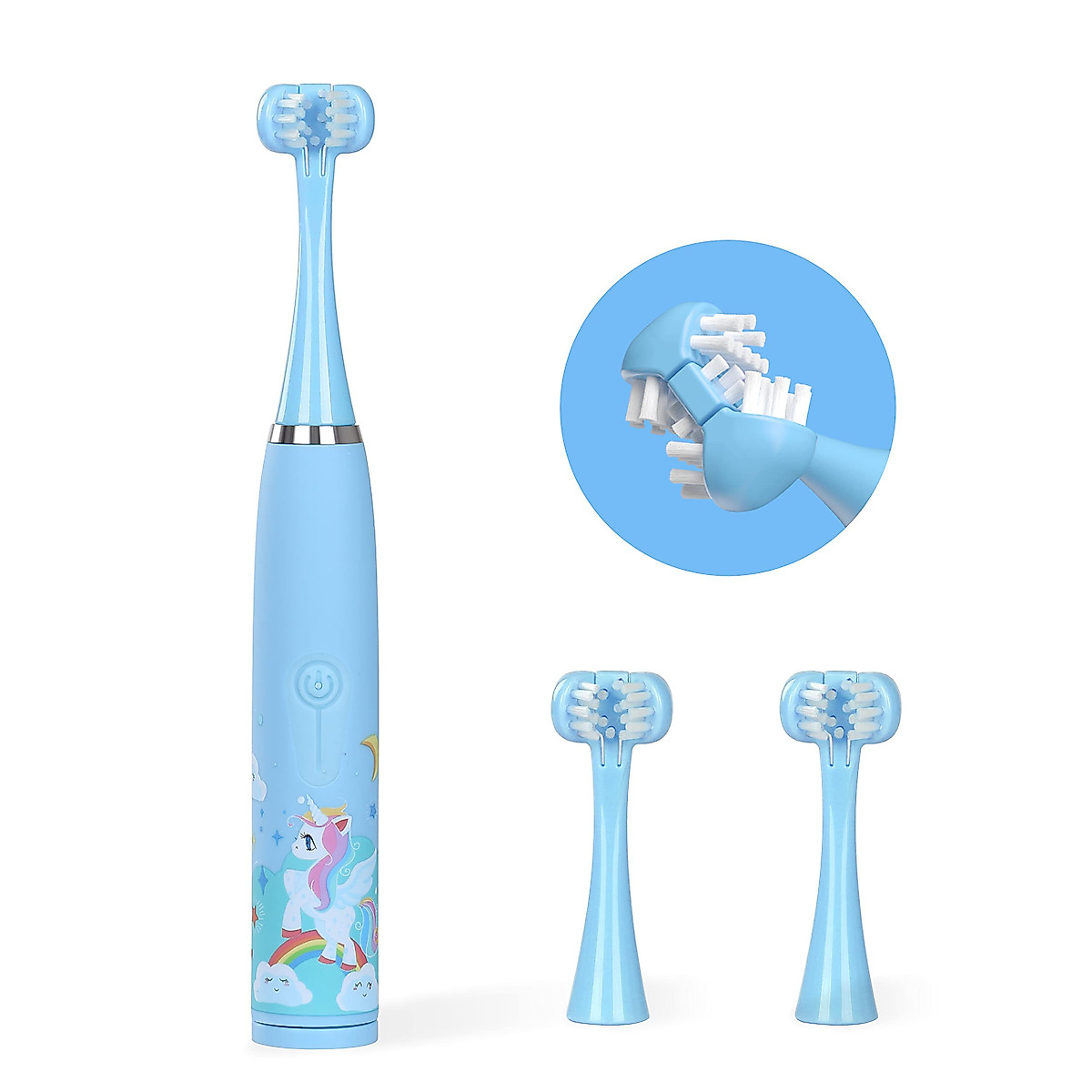Sunartec Kids Electric Toothbrush, Six-Sided Inside and Outside Cleaning Rechargeable Sonic Toothbrushes with Timer &2 Brush Heads & Four Cleaning Modes, Training Brushing Teeth for Kids Gifts(Blue)