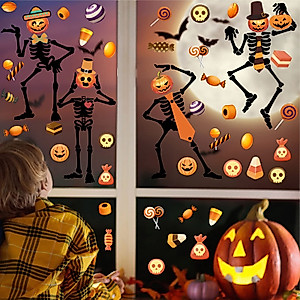 Halloween Skeleton Wall Decal Halloween Wall Stickers Pumpkin Candy Wall Decals Vinyl Halloween Window Clings Peel and Stick for Kids Room Window Halloween Party Decor