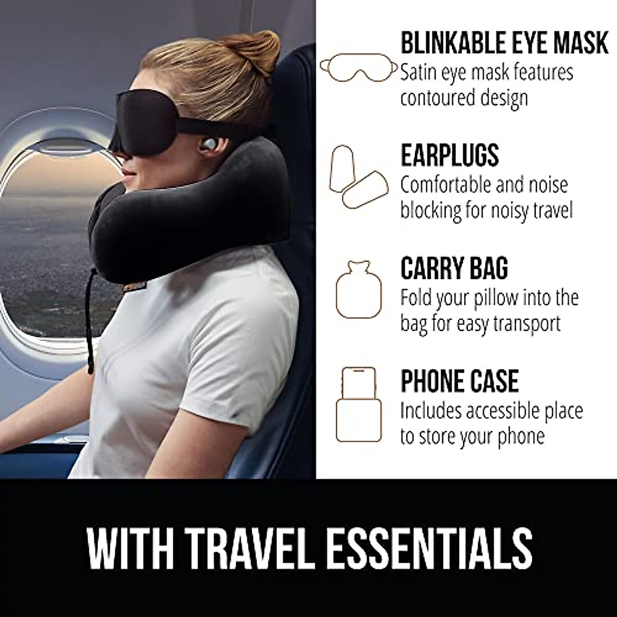 Gorilla Grip Memory Foam Travel Neck Pillow, Head Support on Airplanes, Soft Velvet, Cooling Mesh, Blinkable Eye Mask, Supportive Car Traveling, Sleeping on Long Flight, Airplane Pillows, Black