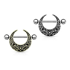 Pierced Owl Vintage Filigree Crescent Moon Nipple Shields, Sold as a Pair (Antique Silver Tone)
