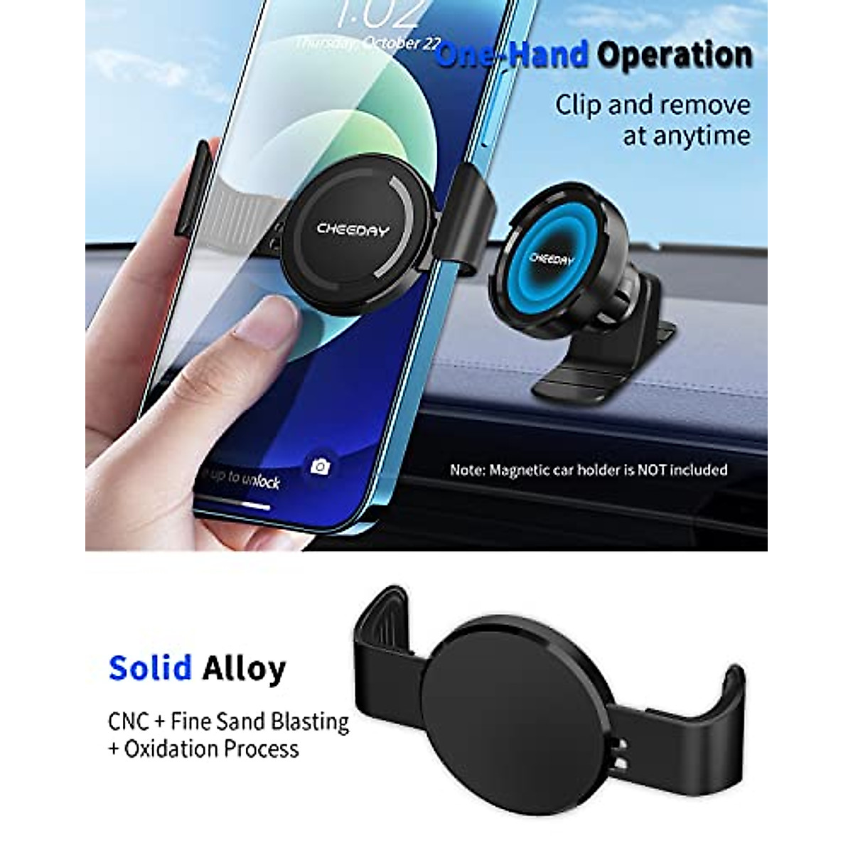 CHEEDAY Metal Phone Clamp for Magnetic Car Mount, [Clip & Remove at Anytime] Durable Metal Phone Clip for Most Magnet Phone Holder Compatible with iPhone 12 13 14 Pro Max, Samsung and More, Black