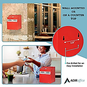 Adir Wall Mountable Steel Suggestion Box with Lock - Donation Box - Collection Box - Ballot Box - Key Drop Box - Safe Storage Box with 25 Suggestion Cards (Red)