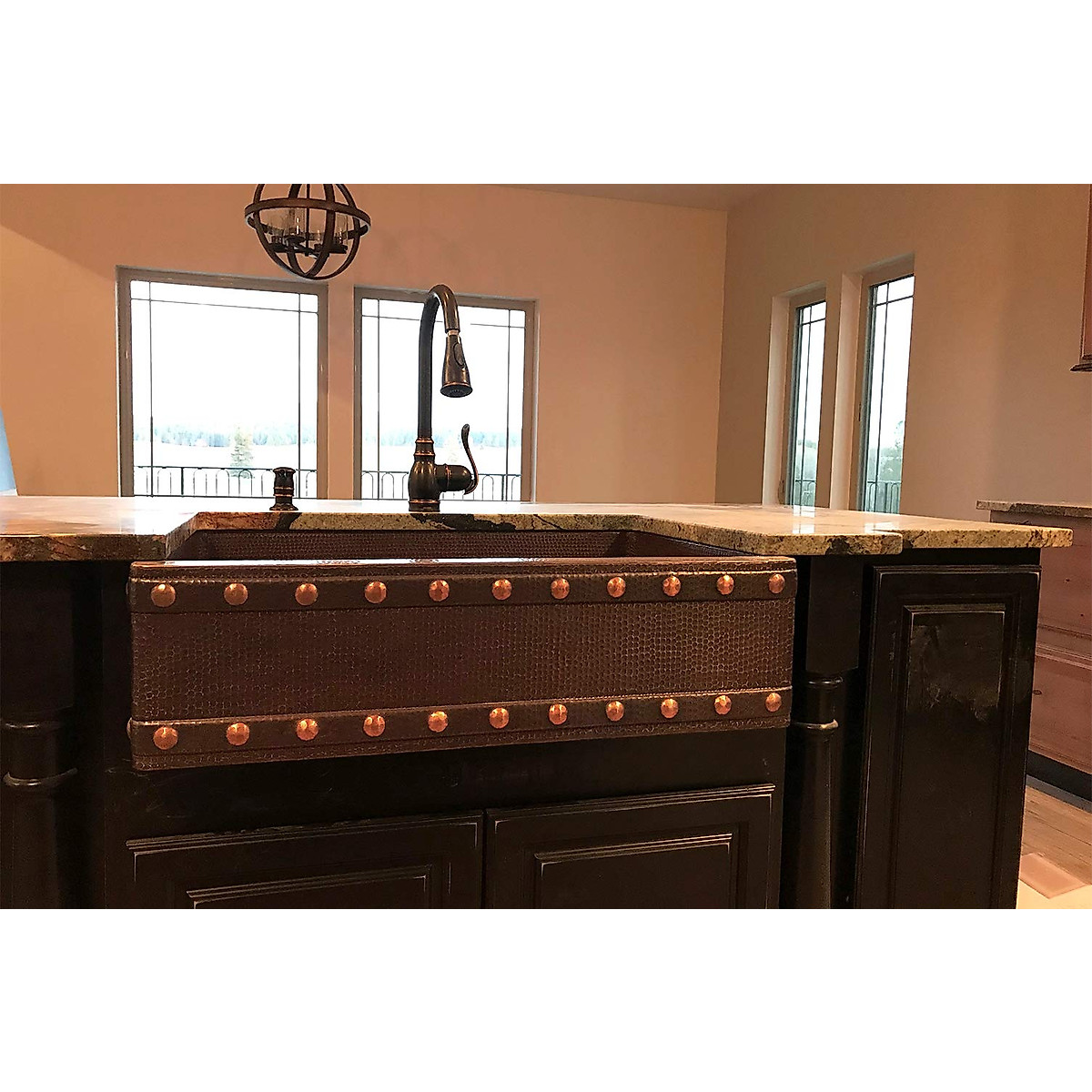 Premier Copper Products KASDB33229BS 33-Inch Hammered Copper Kitchen Apron Single Basin Sink with Barrel Strap Design, Oil Rubbed Bronze