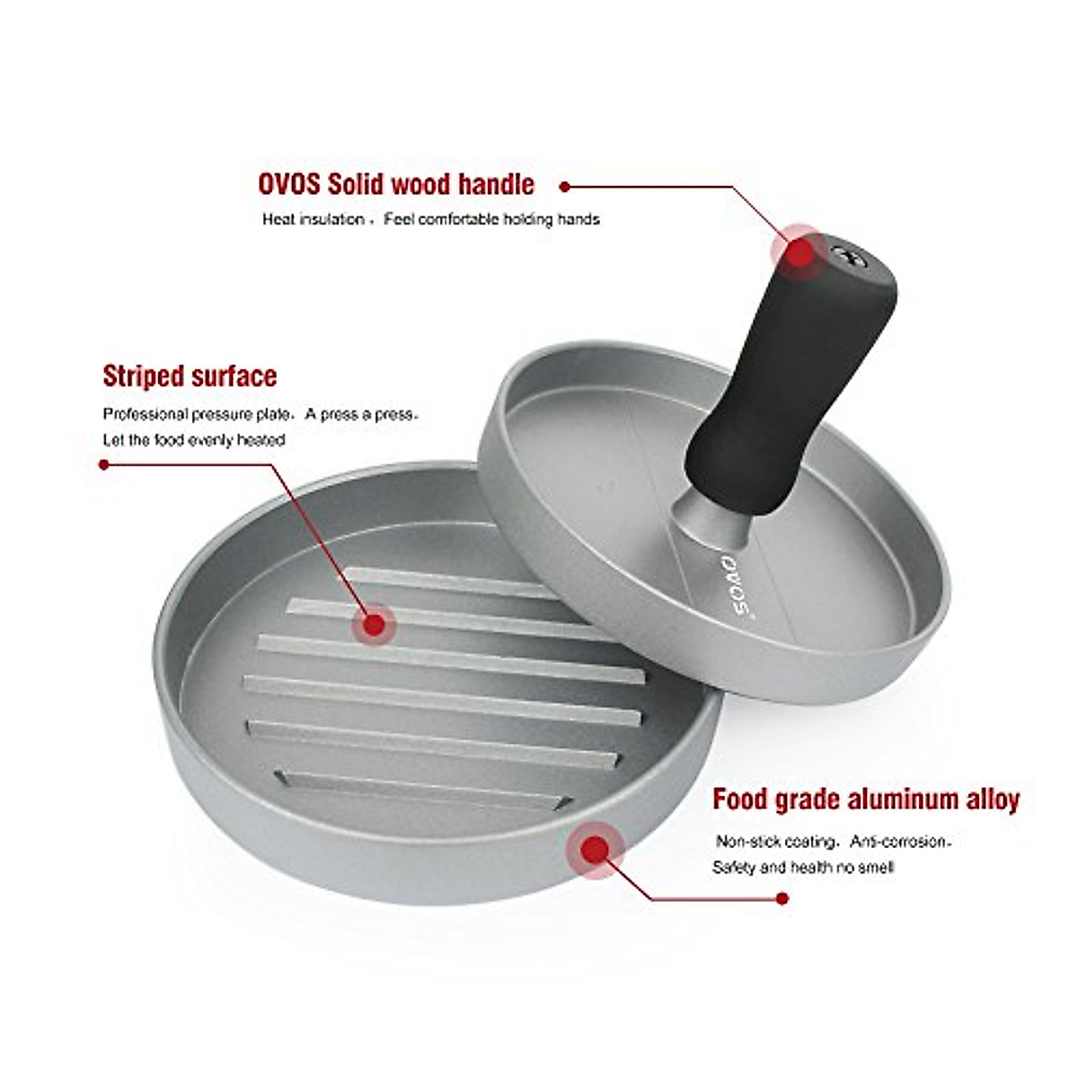 OVOS Burger Press Hamburger Press Patty Maker Non-Stick Aluminum Patty Press with 100 Free Patty Papers BPA Free
