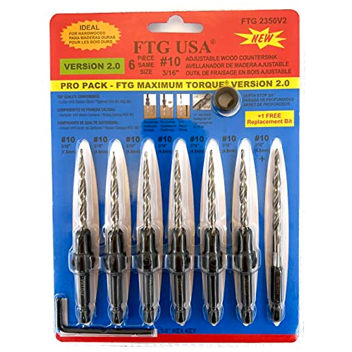 FTG USA Countersink Drill Bit Set 6 Pc #10 (3/16") Wood Countersink Drill Bit, 1 Replacement Tapered Drill Bit, 1 Stop Collar, 1 Hex Wrench, 6 Storage Containers