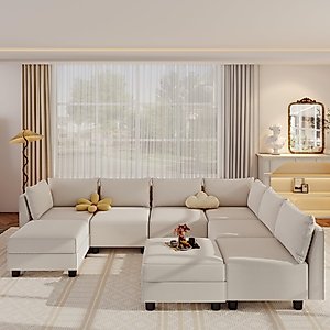 LLappuil Oversized Modular Sectional Sleeper Sofa, Convertible U Shaped Sofa Couches for Living Room, Breathable Soft Fabric, 6 Extra Deep Seats, 2 Storage Ottomans, Washable, Removable, Beige