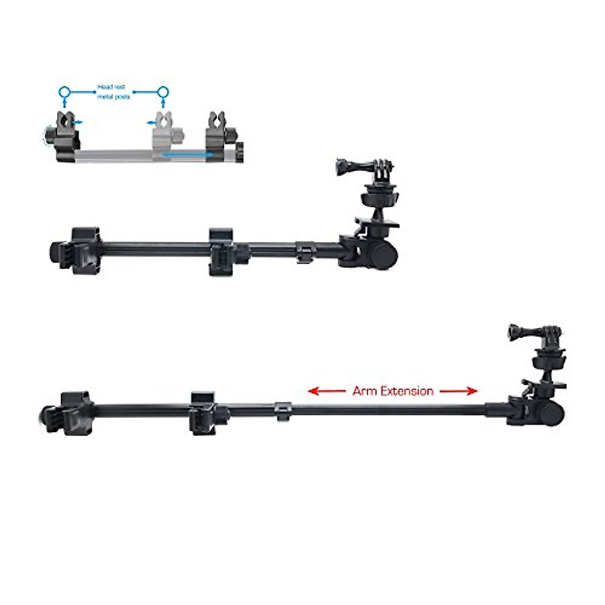 ChargerCity Dual Post Telescopic Headrest Mount for All GoPro Hero Session Sony Contour ROAM AKASO Yi 4K Action Cam Camera to Record Drifting Race Track Racing Video (Include Tripod Adapter & Wrench)