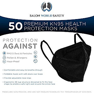 Salon World Safety Black KN95 Protective Masks, Box of 50 - Filter Efficiency ≥95%, 5-Layers, Sanitary 5-Ply Non-Woven Fabric