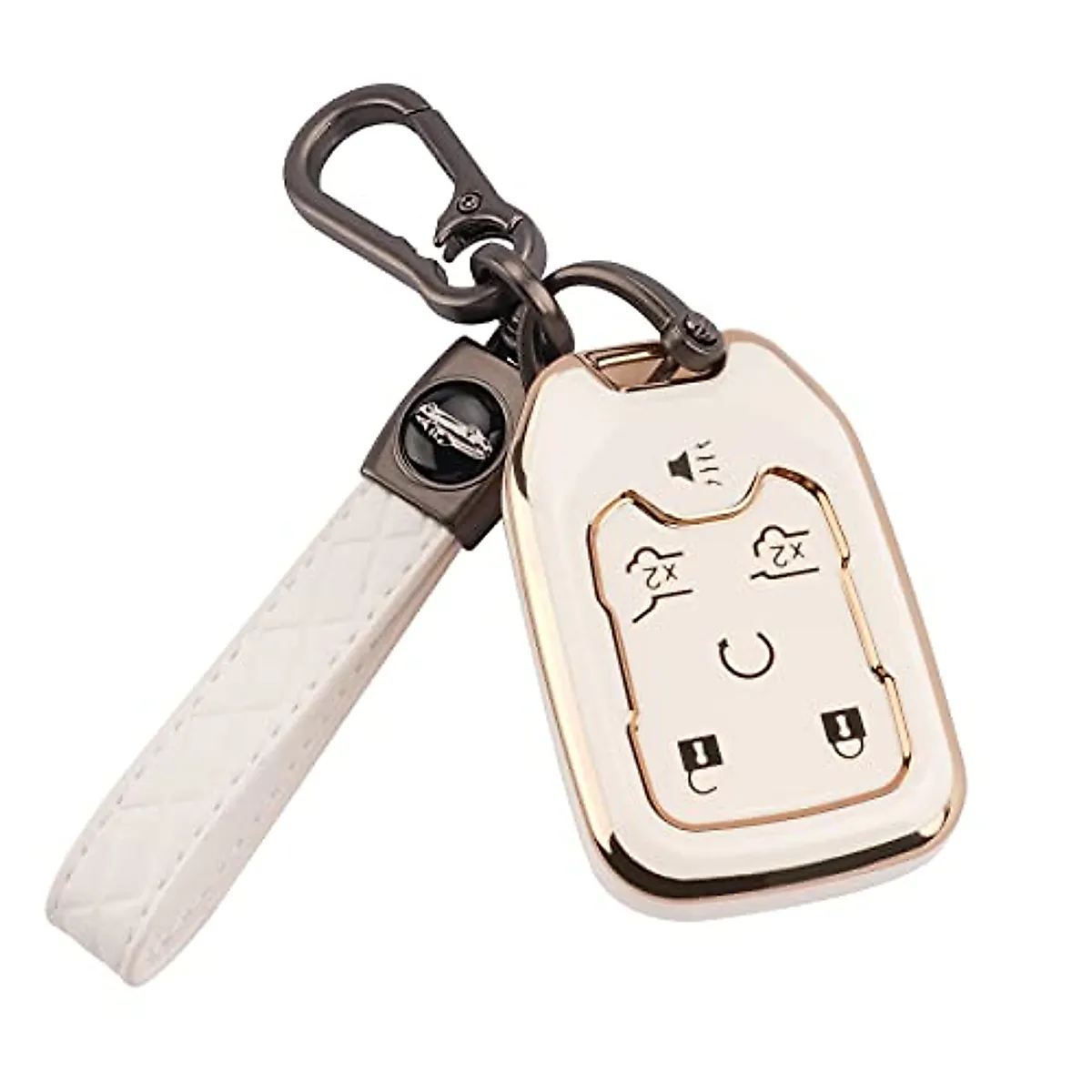 Jimtyee for GMC Key Fob Cover with Leather Lanyard Keychain Key Fob Case Shell Protection for Chevy Silverado Tahoe Suburban GMC Sierra Yukon Smart Remote Key Protector(White)