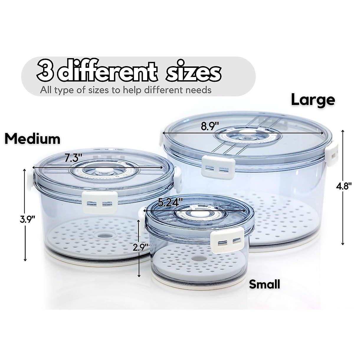 NEBQUINETTI Lettuce Keeper for Refrigerator with Lids 3-Piece Set Date Chronograph Airtight BPA-Free Removable Drain Tray and Air Vents