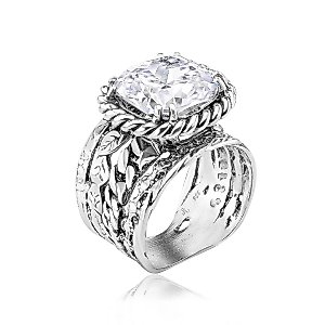 925 Sterling Silver Ring w/ Cushion Cubic Zirconia Multi Textured Vintage Look Stylish Hypoallergenic Nickel and Lead-free Artisan Handcrafted Designer Collection Made in Israel (Size 5-11)