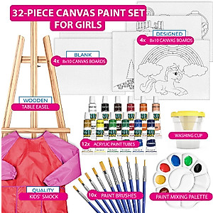 KEFF Paint Set for Kids, Art for Kids - Paint Kit with Non Toxic Washable Acrylic Paint for Kids - Kids Painting Set with Pre-Drawn Canvas Boards, Easel, Brushes, Kids Paint, Palette & Smock for Girls