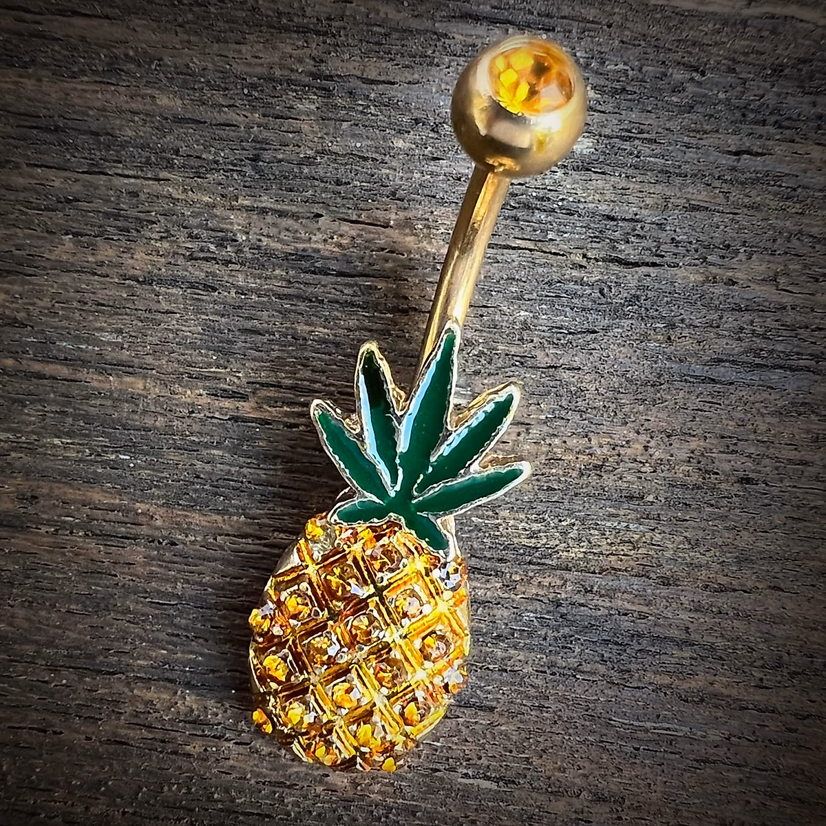 Pierce2GO Gold Pineapple & Weed Marijuana Belly Button Ring - 14G Surgical Steel Pineapple Belly Button Ring - Belly Button Rings Piercing for Women – 7/16”