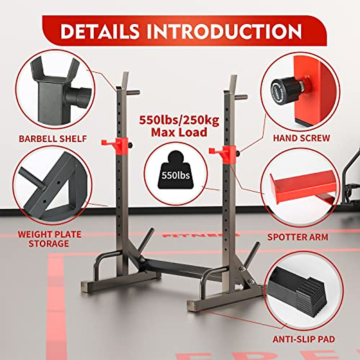 FONBEAR Squat Rack, Barbell Rack, Bench Press 550 LBS Max Load Adjustable Squat Rack Stand Multi-Function Weight Lifting Home Gym - Great for Beginners and Professional Use