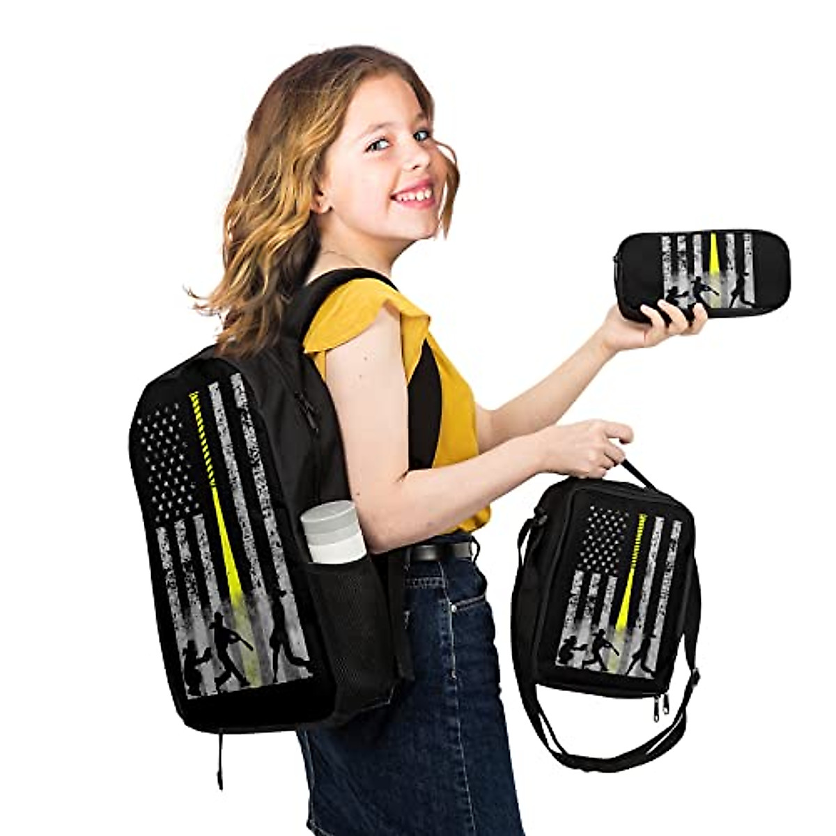 Nerxy School Backpack Set 3 Pcs Baseball US Flag Printed Large Bookbags Heavy Duty Shoulder Packs Teenager Girls Boys