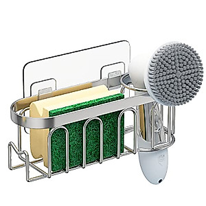 DOLRIS Kitchen Sink Caddy, Sponge Holder for Kitchen Sink, 3 in 1 Adhesive Kitchen Sponge Holder + Brush Holder + Hooks, Kitchen Sink Accessories SUS304 Stainless Steel,Silver