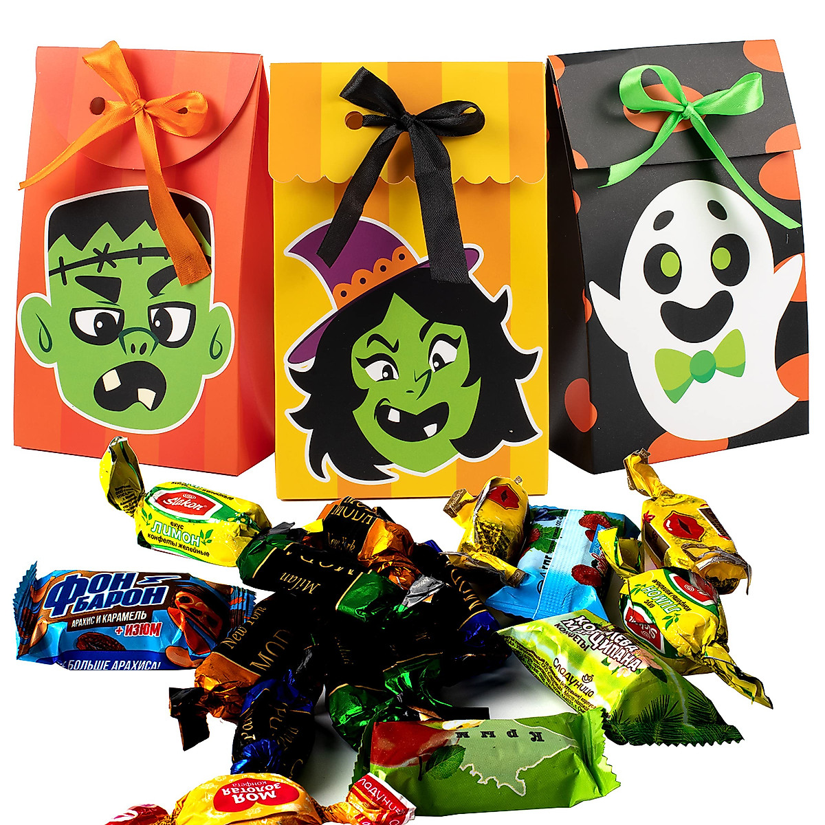 JOYIN Halloween Candy Bags Treat Boxes-12 Pieces Halloween Paper Bags Trick or Treat Halloween Sweet Goodie Bags with Ribbon, Halloween Party Favors Gift Bags