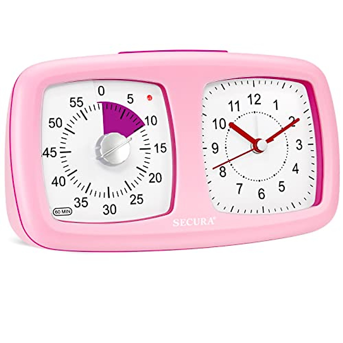 Secura 2 in 1 Visual Timer/Alarm Clock, 60-Minute Silent Study Timer & Table Clock, Time Management Countdown Tool for Kids, Adults, and Teachers (Pink)
