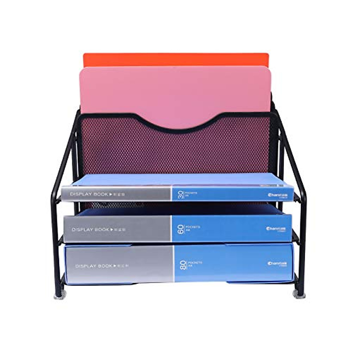 EasyPAG Mesh Desk Organizer with 3 Tier Letter Tray and 2 Vertical File Holder,Black