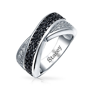 Bling Jewelry Two Tone Black And White Pave Cubic Zirconia CZ Criss-Cross X Band Ring For Women For Girlfriend .925 Sterling Silver
