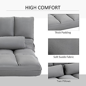 HOMCOM Convertible Floor Sofa Chair, Folding Couch Bed, Guest Chaise Lounge with 2 Pillows, Adjustable Backrest and Headrest, 40.25" L, Light Gray