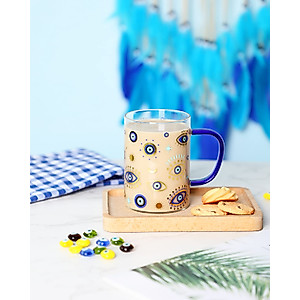 Nefelibata Evil Eye Glass Coffee Cup with Handle 16oz Glass Can for Hot/Cold Beverages Cappuccino Latte Espresso Beer Hamsa Blue Evil Eye for Protection Tumbler Mug Heat-Resistant and Freezer Safe