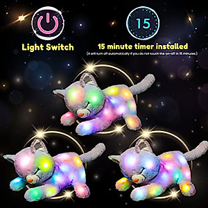 Hopearl LED Plush Cat Light up Stuffed Mommy Cat with 3 Baby Kittens in her Tummy Stuffed Animal Playset Night Lights Glow in The Dark for Mom Kids Toddler Girls, Rainbow, 18''