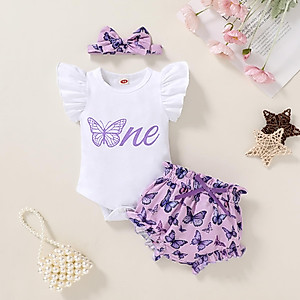 YOUNGER TREE Infant Baby Girl 1st Birthday Outfits Bumble Bee Printed One Romper Shorts Headband Summer Ruffle Sleeve Clothes (Sweet One Donuts Pink, 12-18 Months)