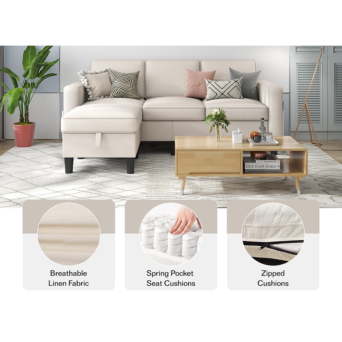 Woyomeub Sectional Sofa 78" Couch Couches for Living Room with Storage Ottoman Beige Modern L Shaped 3 Seater Sofas for Small Space Dorm APT