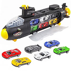 Kidplokio 7pc Submarine Shark Diecast Toy Car Carrier Boys Play Set, Ages 3 and Up