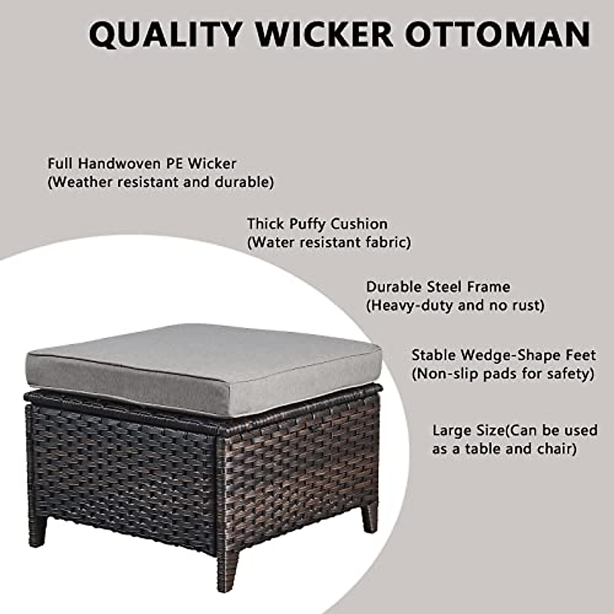 Rilyson Outdoor Ottoman Wicker Patio Ottomans - 2 Piece Footrest Footstools Set Rattan Outdoor Ottomans for Patio with Thick Cushions(Brown/Grey)