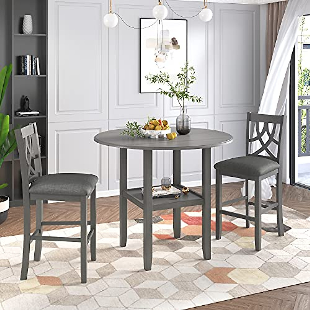 Harper & Bright Designs 3 Piece Counter Height Kitchen Dining Set with Round Drop Leaf Dining Table, Shelf and 2 Cross Back Padded Chairs, Farmhouse Dining Room Set for Small Places, Gray
