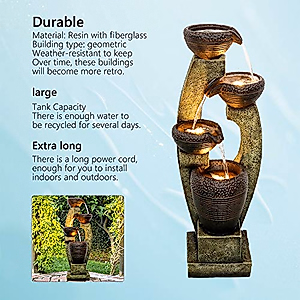 Naturefalls 40” H Modern Outdoor Fountain - 4 Crocks Outdoor Garden Fountains with Contemporary Design&LED Light for Garden, Patio, Deck, Porch, Backyard and Home Art Decor (40inches, Brown and Gray)