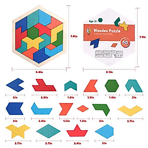 Wooden Hexagon Tangram Puzzle for Kids Adults, Geometric Shape Pattern Blocks, 3D Logic IQ Game, 60 Brain Teaser Challenges, STEM Montessori Educational Toy, Travel Games for Road Trip