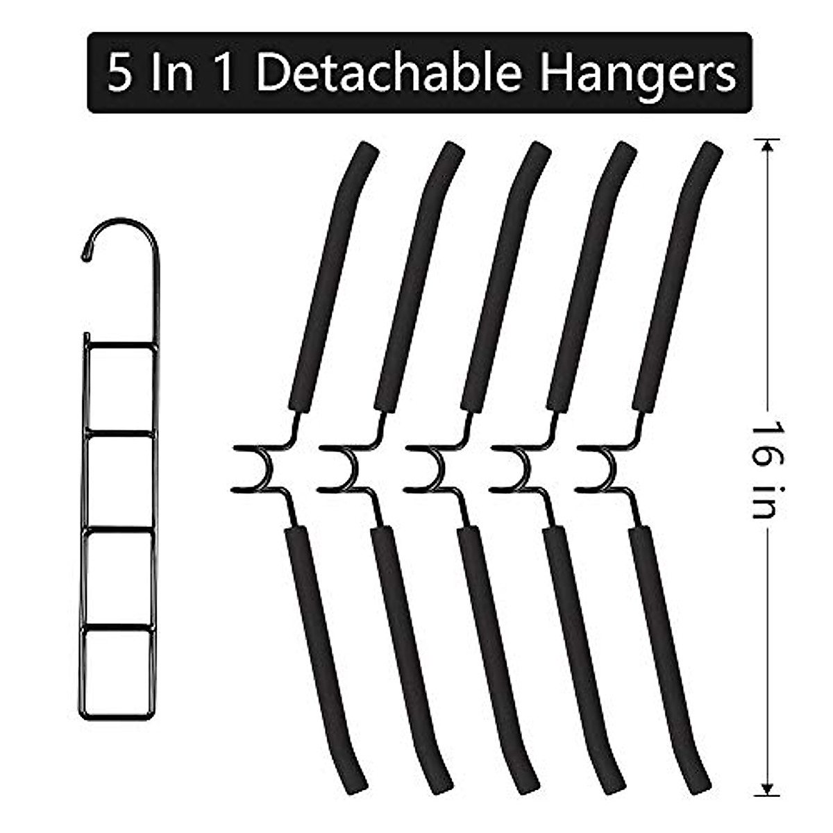 Clothes Hangers, 5 in 1 Multilayer Metal EVA Sponge Hangers Anti-Slip Clothes Rack Space Saving Detachable Hanger for Suit Coat Shirt Skirt Pants (Black)