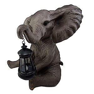 Ebros Safari Savanna Wildlife Animal Melee Adorable Pachy Elephant Statue Home Patio Decor Figurine with Solar LED Light Lantern Lamp 13.75"H Guest Greeter Elephants Path Lighter Sculpture