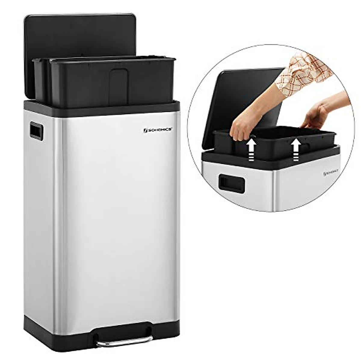 SONGMICS Trash Can, 12-Gallon Pedal Garbage Can, Stainless Steel Step Bin, Plastic Inner Bucket and Lid, Soft Closure, Fingerprint Proof, for Kitchen, Living Room, Silver ULTB007E01