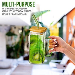 3pcs Glass Cup with Bamboo Lid and Straw Clear Tall Coffee Mugs with Handle for Iced Coffee, Tea, Beverages Aesthetic Cups in Blue/Green/Pink –13.5fl oz