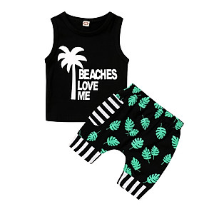 YOUNGER TREE Toddler Baby boy summer clothes Beaches Love Me Sleeveless Vest Tops+Shorts Kid Casual outfits (Black, 6-12 months)