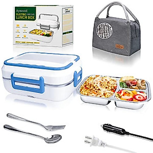 Electric Lunch Box 60W Portable Food Warmer Heater 3-in-1 1.5L Faster Heated Lunch Boxes 12V 24V 110V for Car Truck Home Heating Microwave 304 Stainless Steel Container with Fork Spoon & Carry Bag