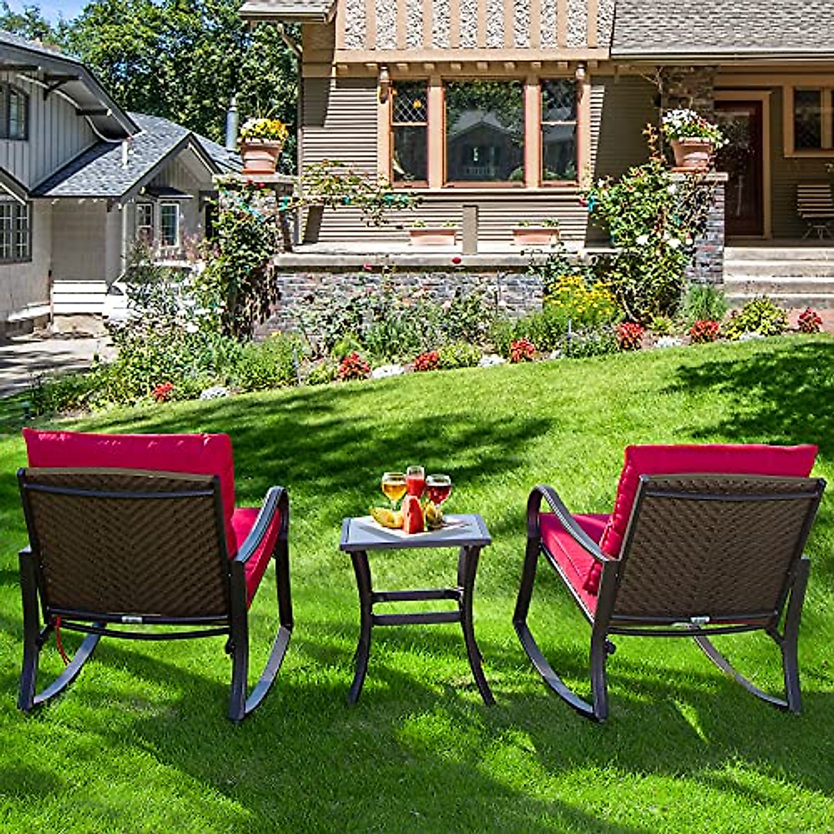 domi outdoor living 3 Pieces Bistro Set Outdoor Rocking Chairs All Weather Patio Wicker Furniture Set with Thickened Cushion and Glass Top Coffee Table for Yard,Bistro (Red)