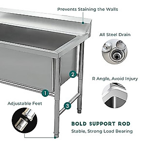 Utility Sink Outdoor Sink, Freestanding Stainless Steel Sink, Large Single Bowl Sink, Commercial Restaurant Kitchen Sink w/Faucet, Easy to Assemble, for Laundry, Garden, Garage ( Size : 60x60x80cm )