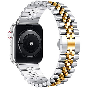 baozai Compatible with Apple Watch 49mm 45mm 44mm 42mm, Solid Stainless Steel iWatch Band Replacement for Apple Watch Ultra2/Ultra & Series 9/8/7/6/5/4/3/2/1/SE for Men, Silver/Gold, 49mm/45mm/44mm