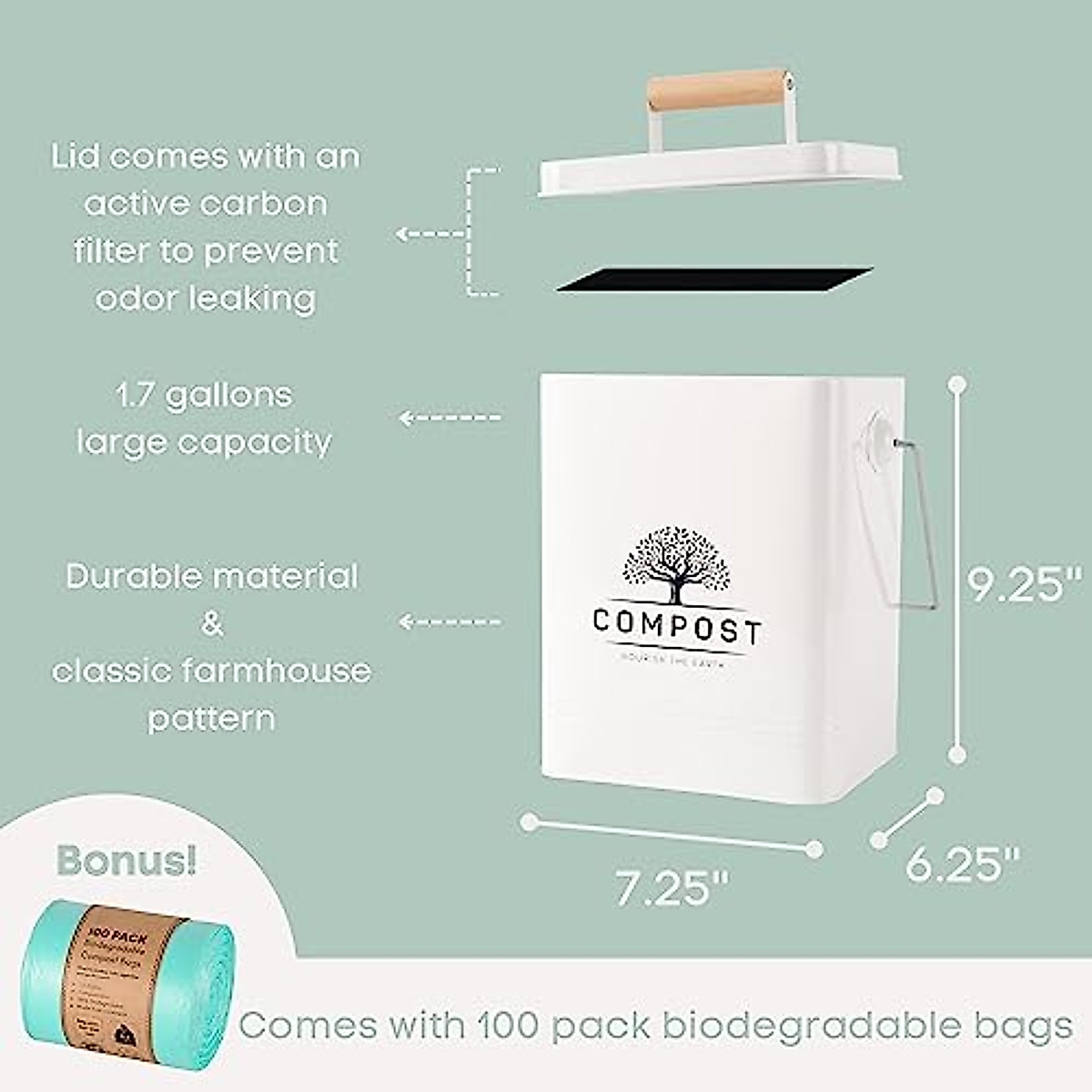 Perfnique Kitchen Compost Bin, 1.7 Gallon Countertop Compost Bin with Lid, Indoor Compost Bin Includes 2 Carbon Filters, Small Compost Bucket, Food Waste Bin for Kitchen with Trash Bags (Cream White)