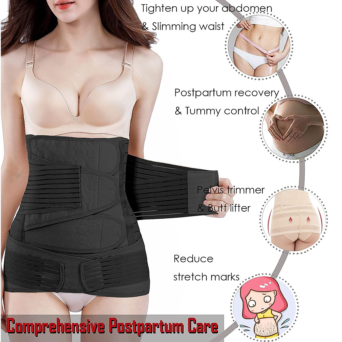 ChongErfei 2 in 1 Postpartum Belly Band - Recovery Belly/Pelvis Belt Black Support Postpartum Belly Band,Black One Size