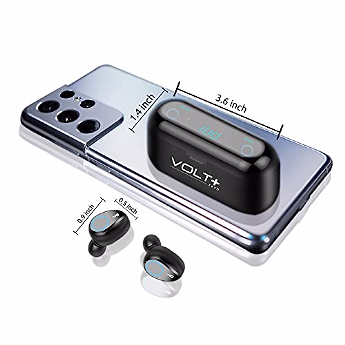 Volt Plus TECH Wireless V5.0 Bluetooth Earbuds Compatible with Amazon Fire Stick LED Display, Mic 8D Bass IPX7 Waterproof/Sweatproof (Black)